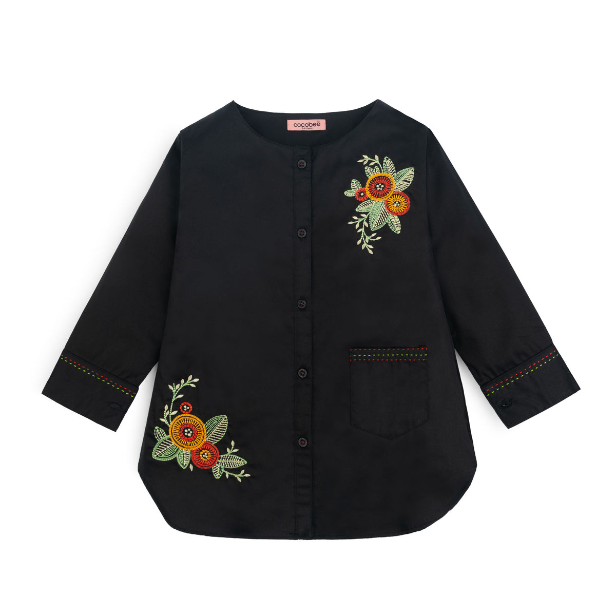 Black Embroidered Floral Button-Down Top – cocobee